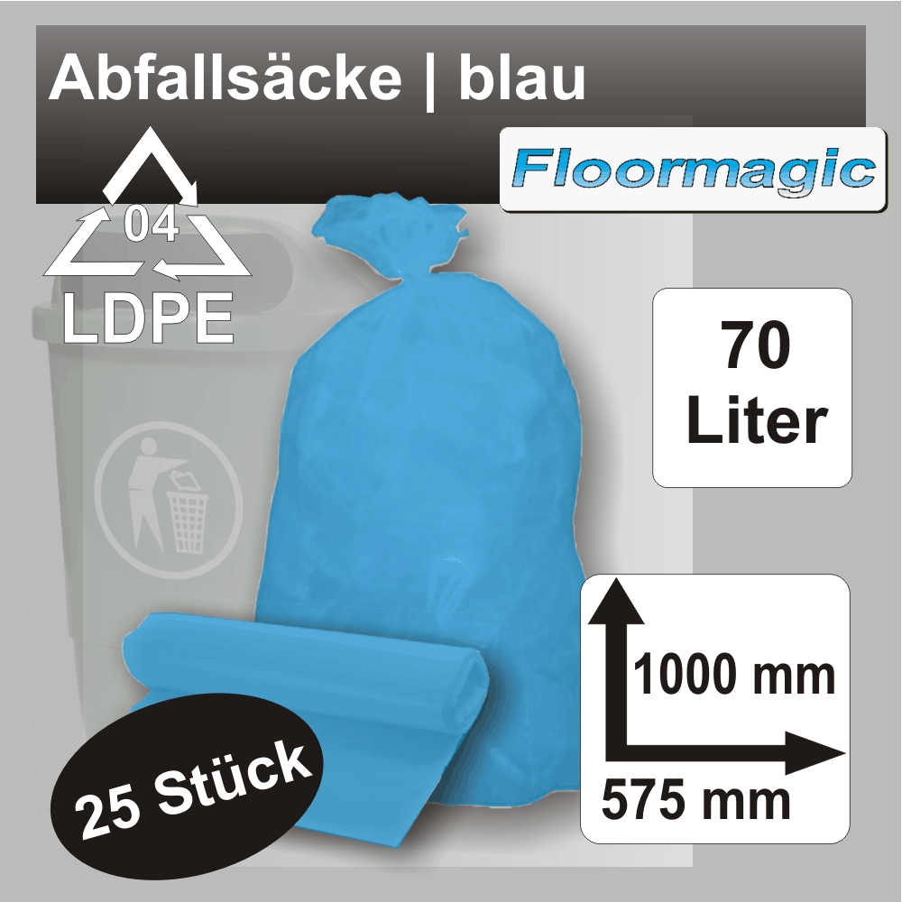 LDPE-Abfallsäcke 70L in blau, 575x1000mm, 36my, 25 Stück von Floormag